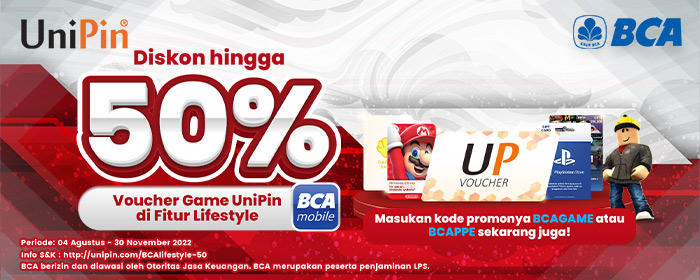 UniPin - Diskon Hingga 50% Voucher Game UniPin dan BCA Lifestyle